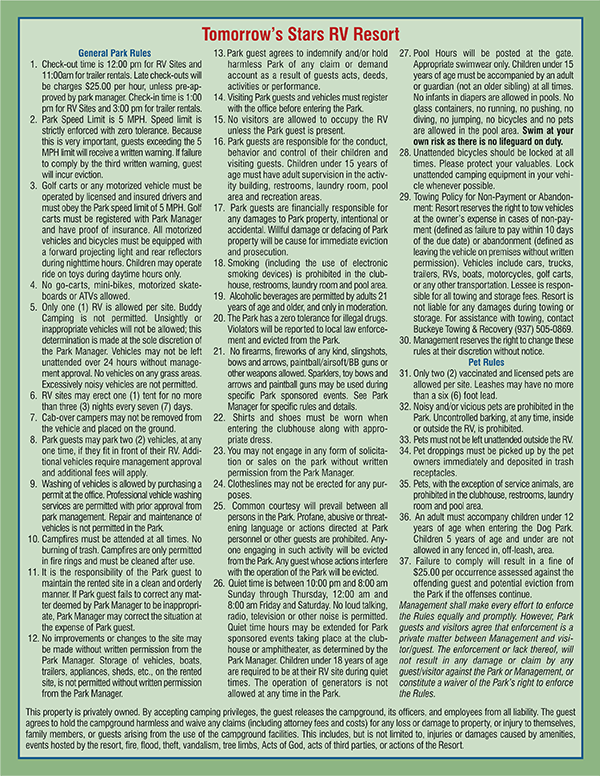Resort Map & Rules – Tomorrow's Stars RV Resort